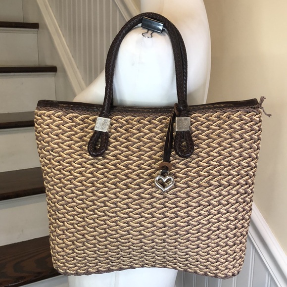 Brighton | Bags | Brighton Braided Straw Wicker Woven Brown Leather Top ...